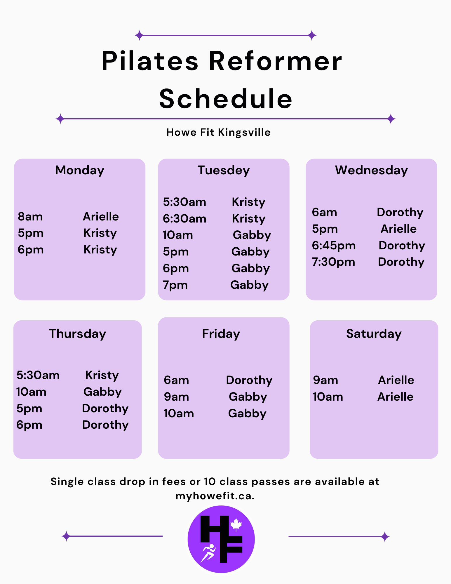 Pilates Reformer Schedule – Howe Fit