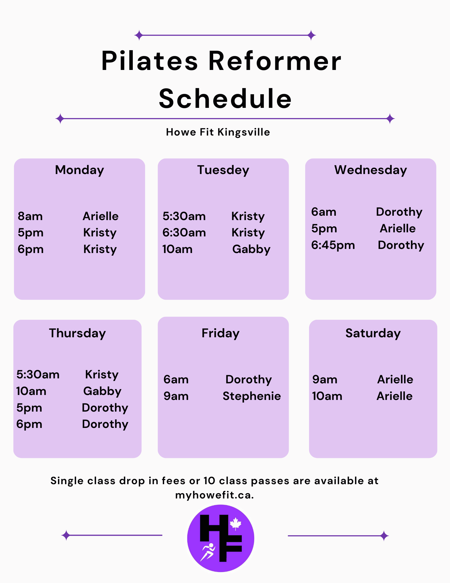 Pilates Reformer Schedule – Howe Fit
